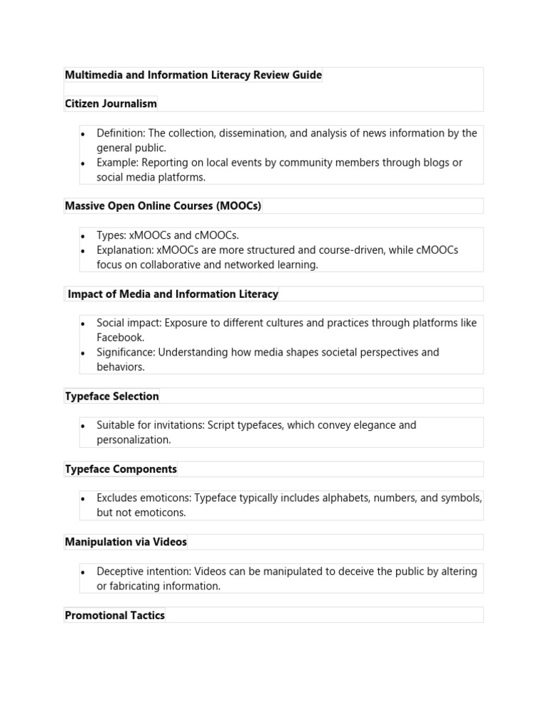 Multimedia and Information Literacy Review Guide | PDF | Multimedia ...