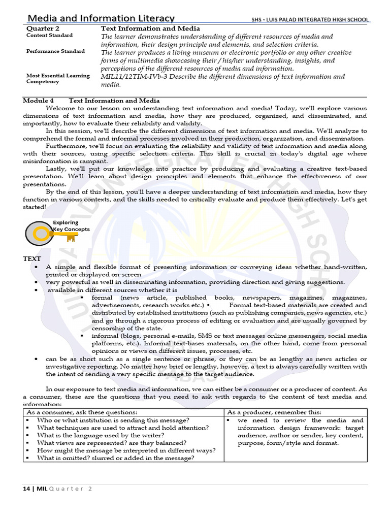 MIL Module Q2 Text Media | PDF | Typefaces | Mass Media