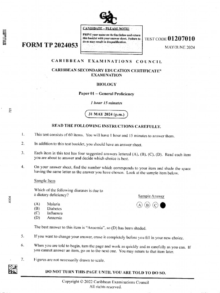CSEC Biology June 2024 P1 | PDF | Zygosity | Dominance (Genetics)