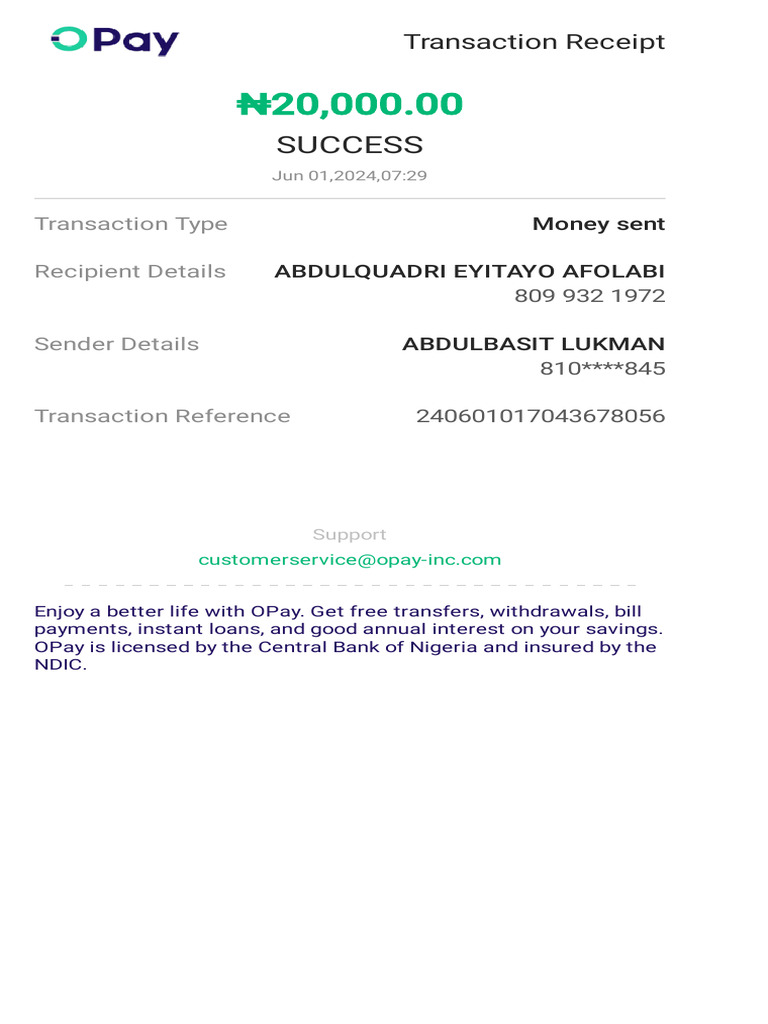 OPay Transaction Receipt Details | PDF