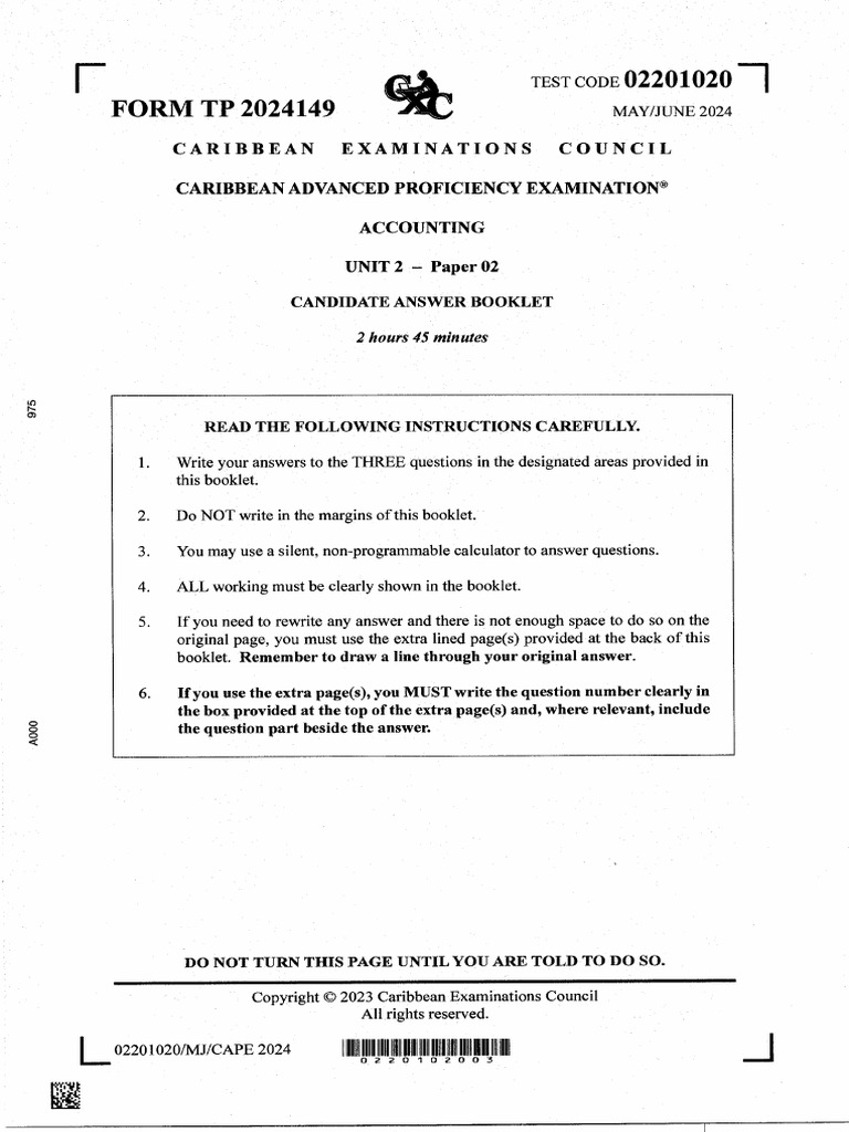 Cape Accounting 2024 U2 P2 Answer Booklet Pdf