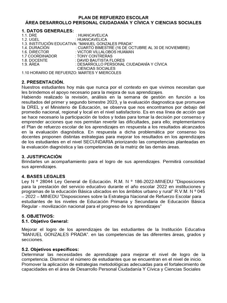 PLAN DE REFUERZO ESCOLAR | Descargar gratis PDF | Evaluación | Educación primaria