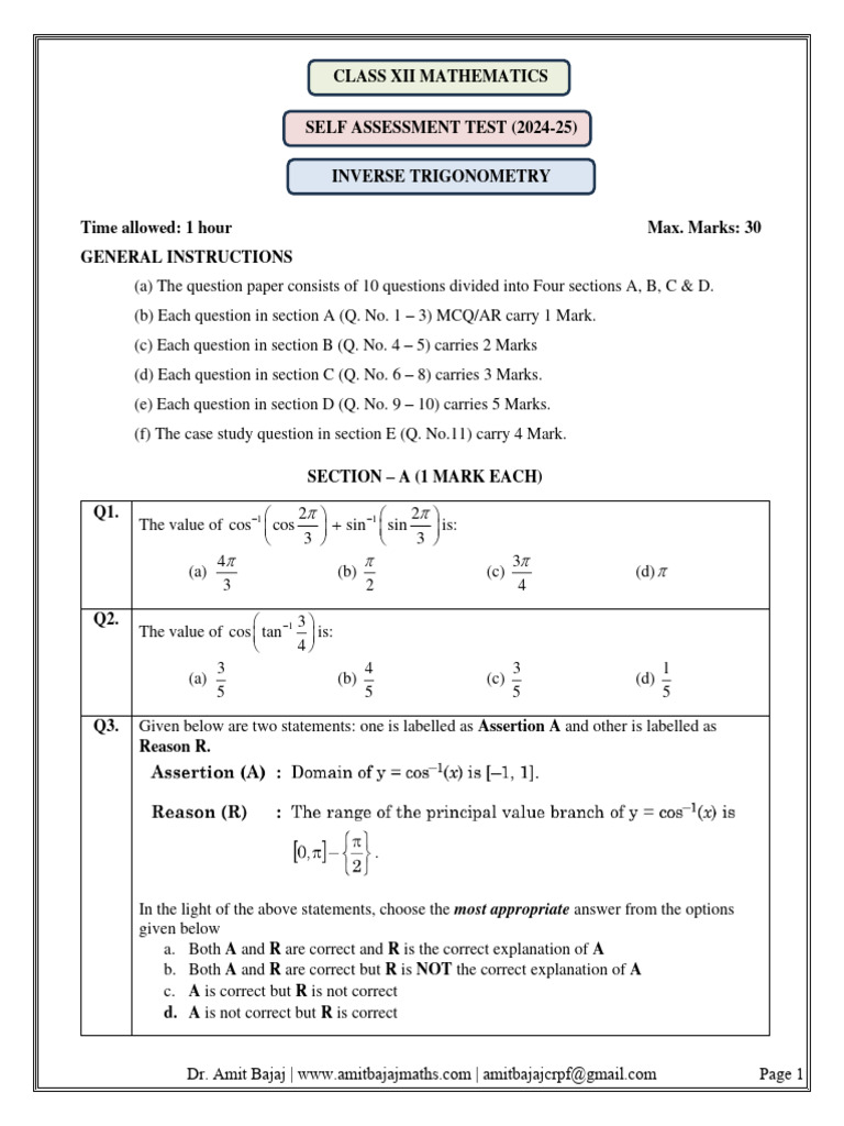 Class Xii Inverse Trigonometry Self-Assessment Test (2024-25) Dr. Amit ...