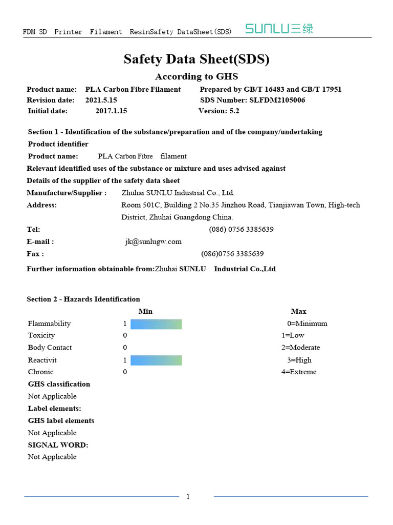 PLA Carbon Fibre Filament SDS Guide | PDF | Materials | Occupational ...