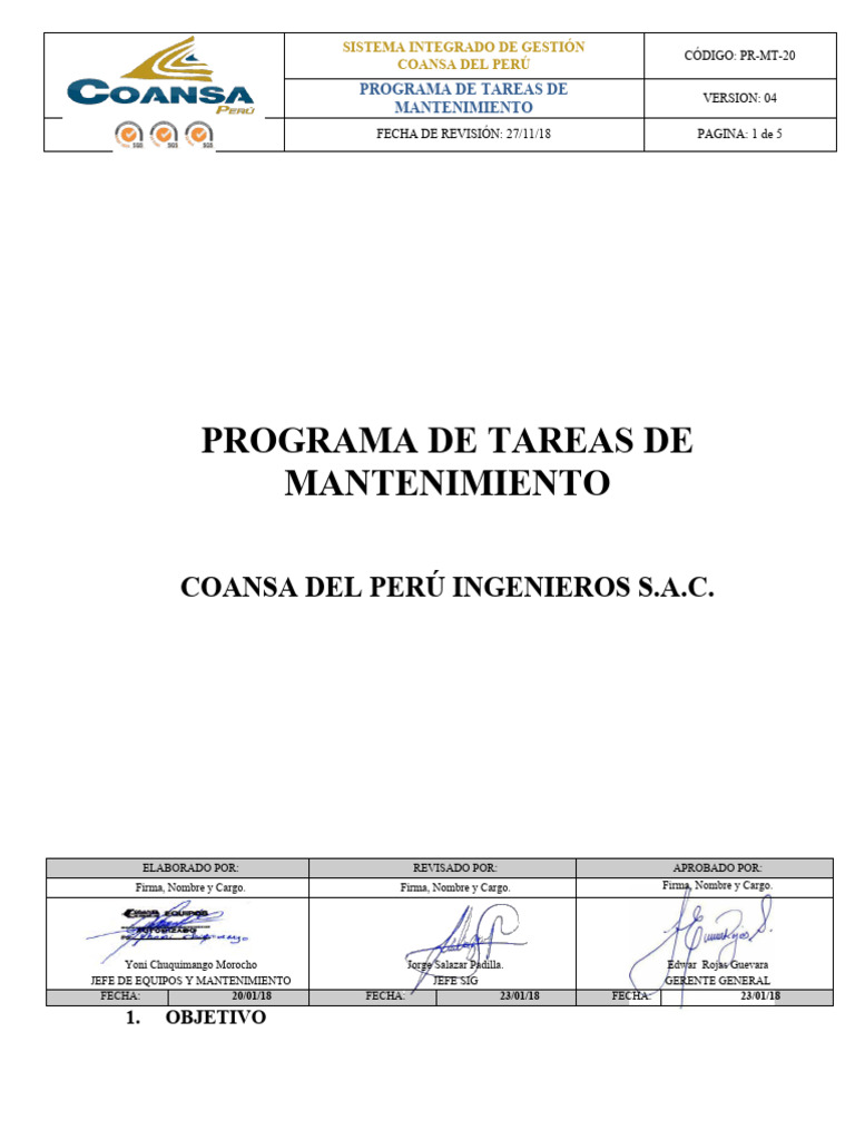 PR-MT-20 Programa de Tareas de Mantenimiento | PDF | Logística | Planificación