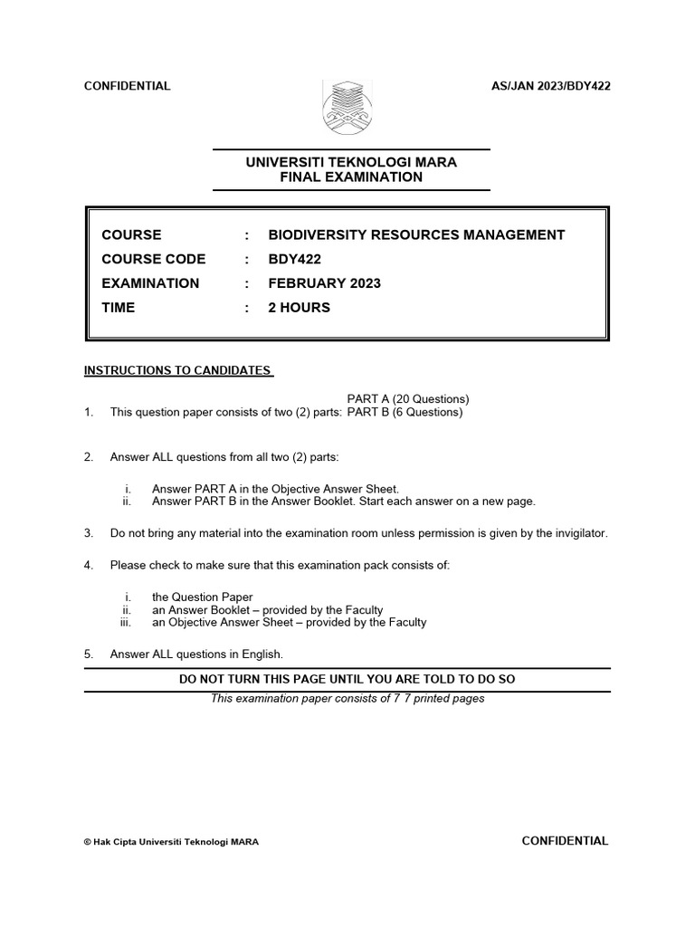 Exam AS JAN 2023 BDY422 8765 Paper 1 Exam | PDF | Biodiversity ...