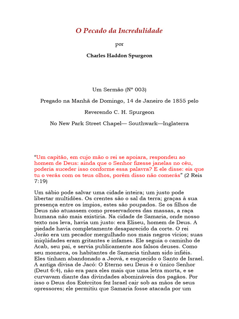 Sermão de Spurgeon sobre Incredulidade | PDF | Pecado | Charles Spurgeon
