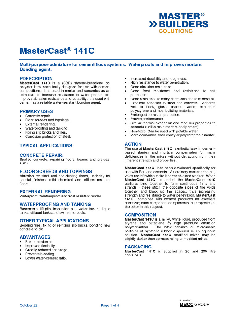 MasterCast 141C | PDF | Concrete | Cement