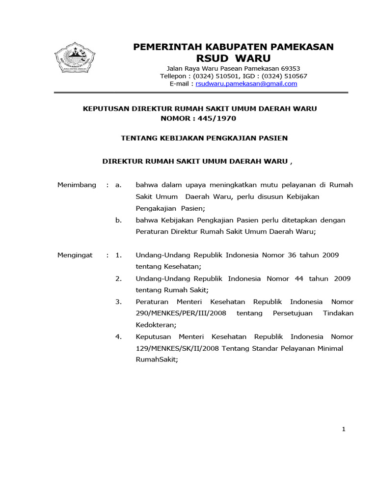 REGULASI PENGKAJIAN PASIEN RSUD Waru Pamekasan | PDF | Pengembangan Diri | Kesehatan Holistik