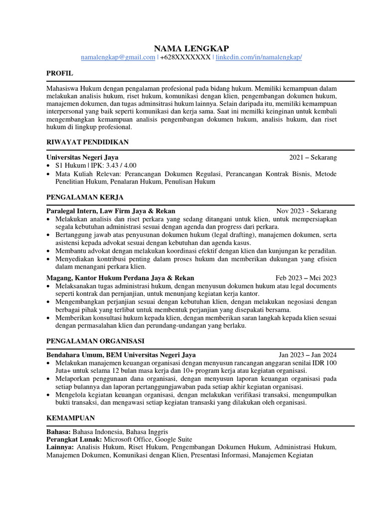 Contoh CV Mahasiswa Hukum Bahasa Indonesia | PDF