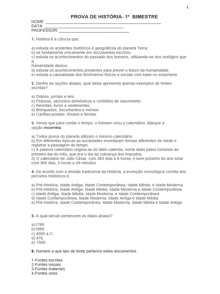 Prova 1 Bimestre Historia | PDF | Calendário | História Antiga