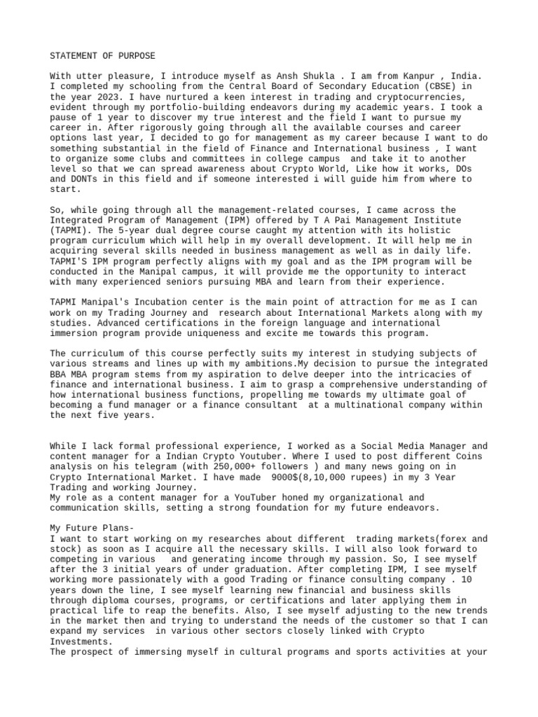 Statememt of purpose | PDF | Cryptocurrency | Business