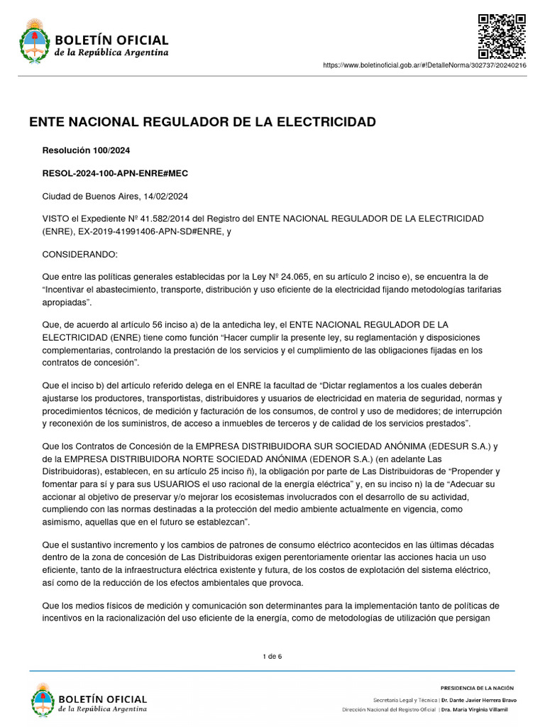 Ente Nacional Regulador de La Electricidad: Resolución 100/2024 RESOL ...