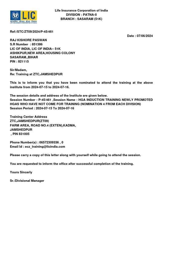 LIC Training Nomination Notice | PDF | Business | Finance & Money ...