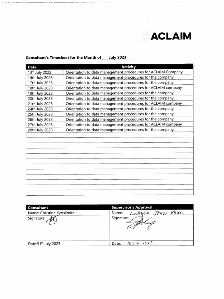 ACLAIM JULY TIMESHEET-1 | PDF