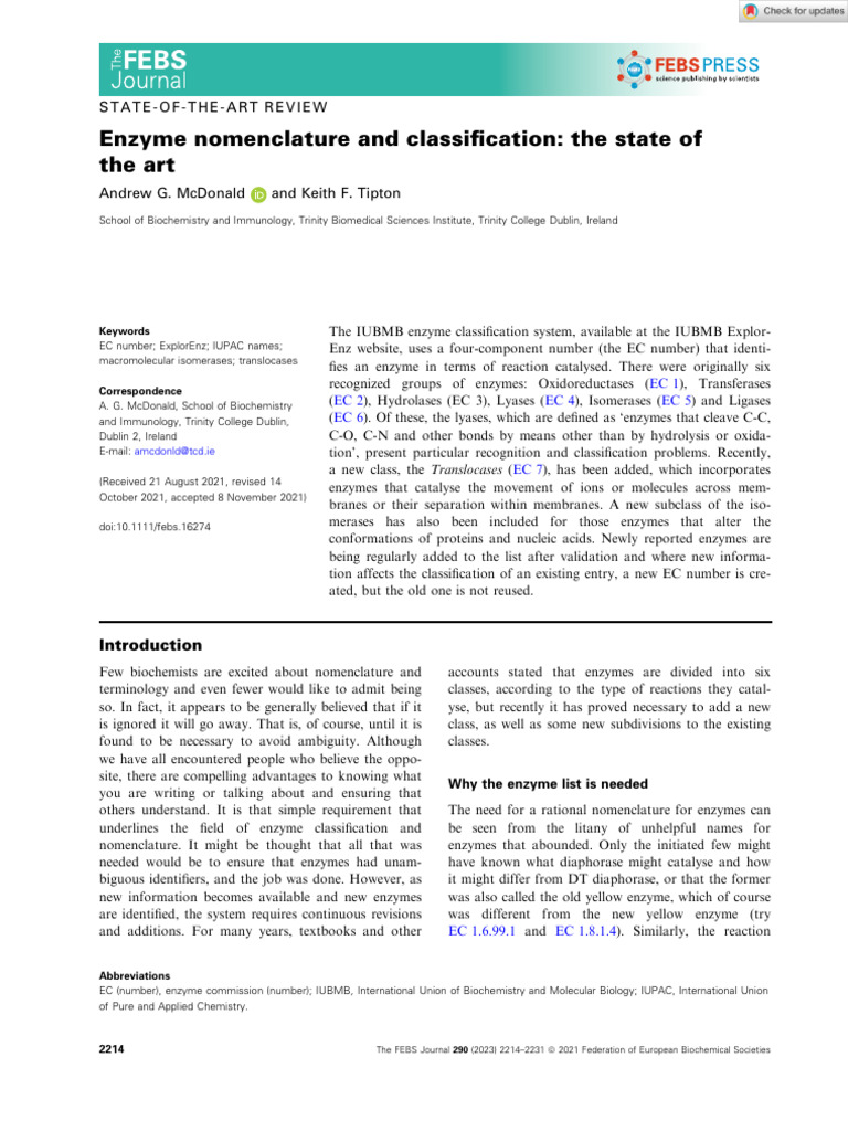 The FEBS Journal - 2021 - McDonald - Enzyme Nomenclature and ...