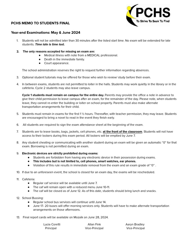 PCHS Year-End Exam Guidelines 2024 | PDF