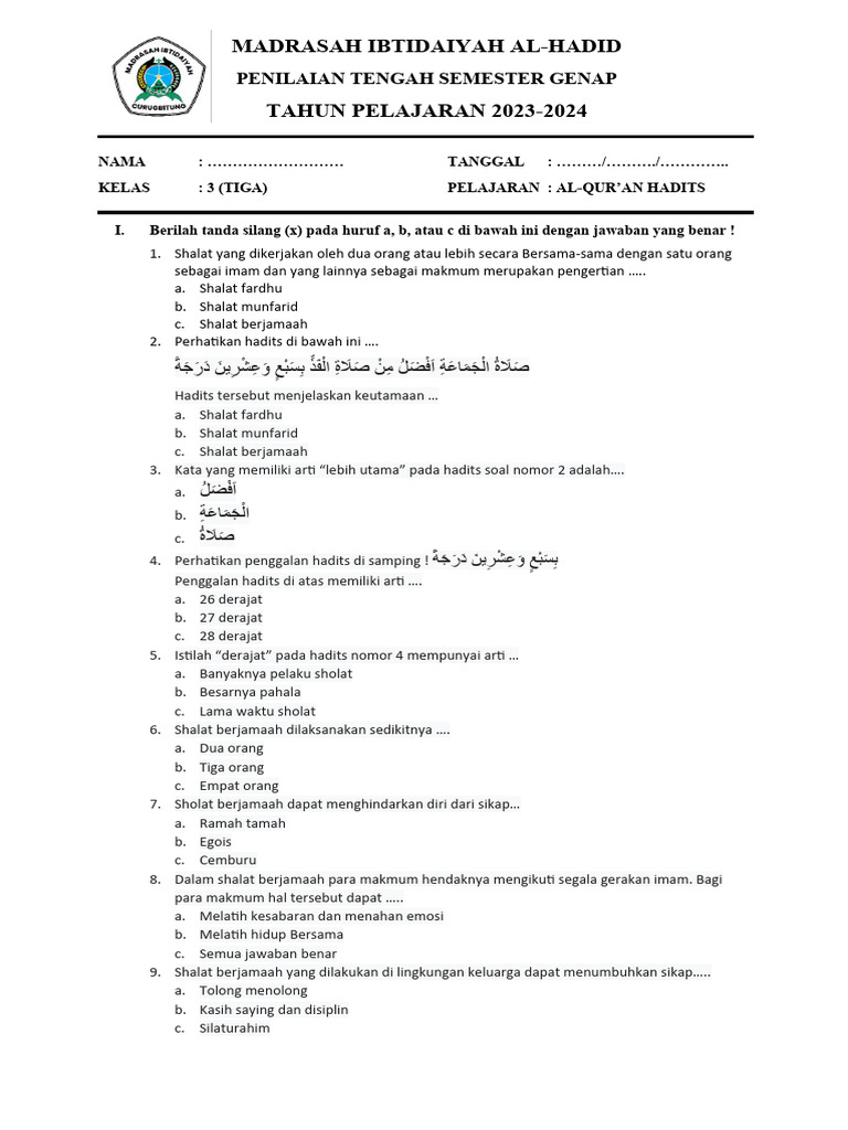 PTS Genap Al-Quran Hadits Kelas 3 | PDF