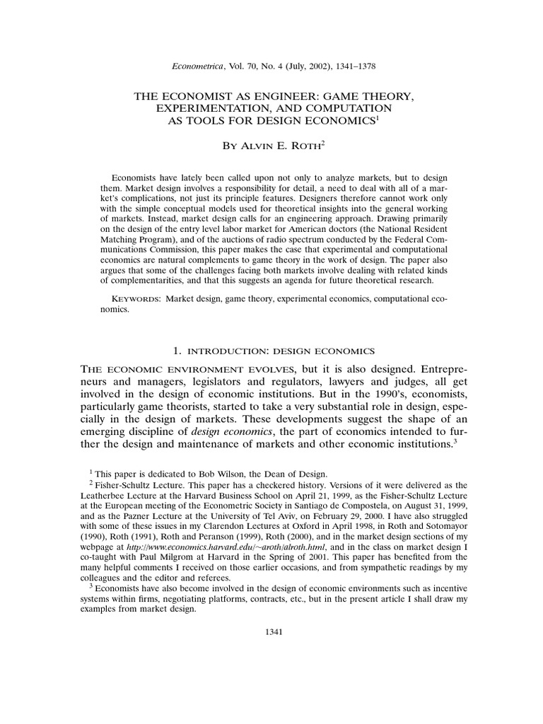 Alvin E. Roth -- The Economist as Engineer- Game Th | PDF | Economics