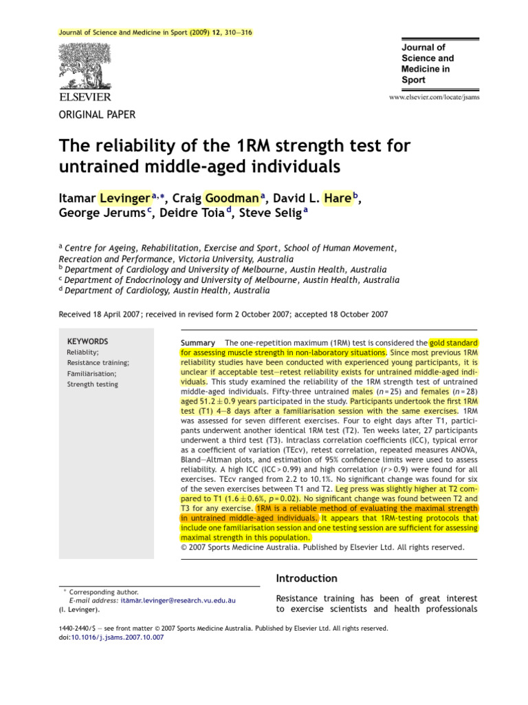 2007 - The Reliability of The 1RM Strength Test For | PDF | Strength ...