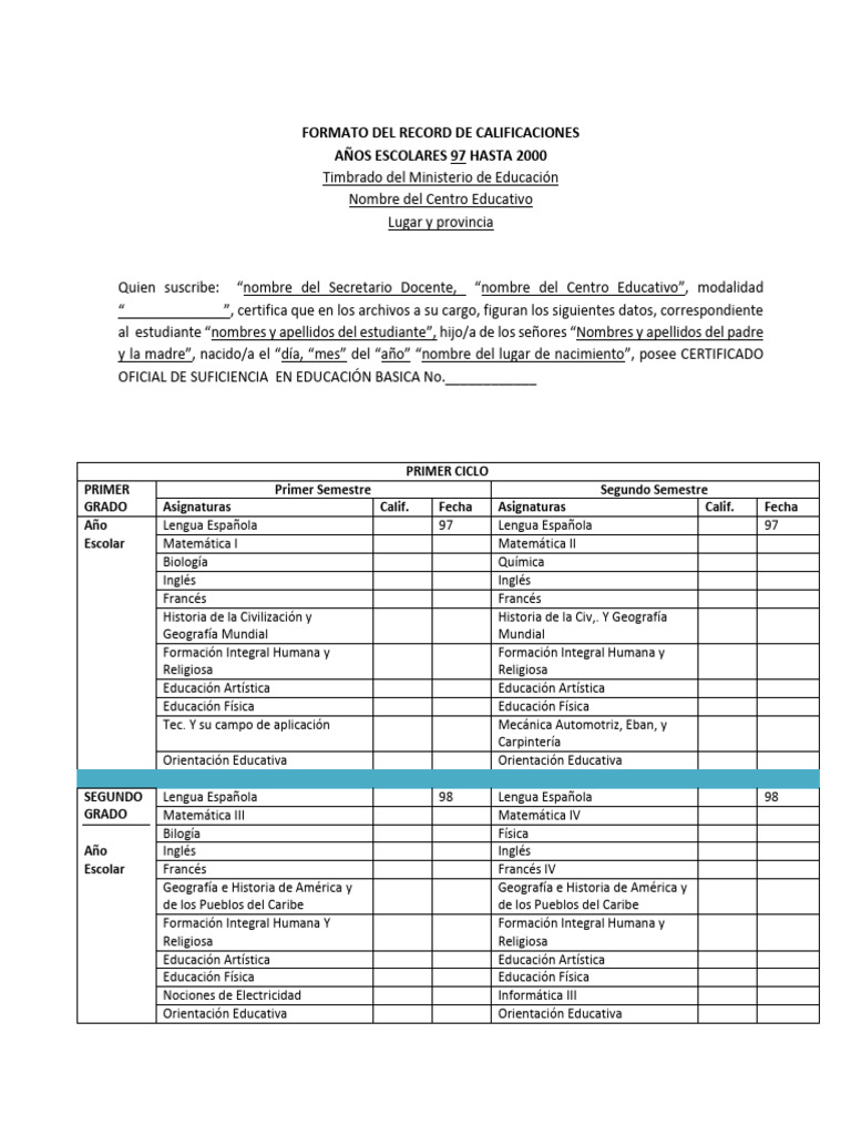 dYMV Formato de Record de Notas Ordenanzas 1 95 A La 3 99 Desde El 1997 ...