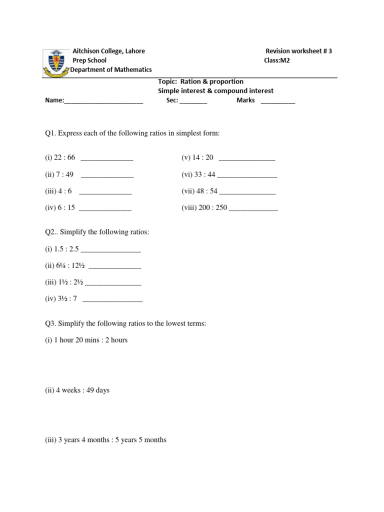 Topic: Ration & Proportion Simple Interest & Compound Interest | PDF ...