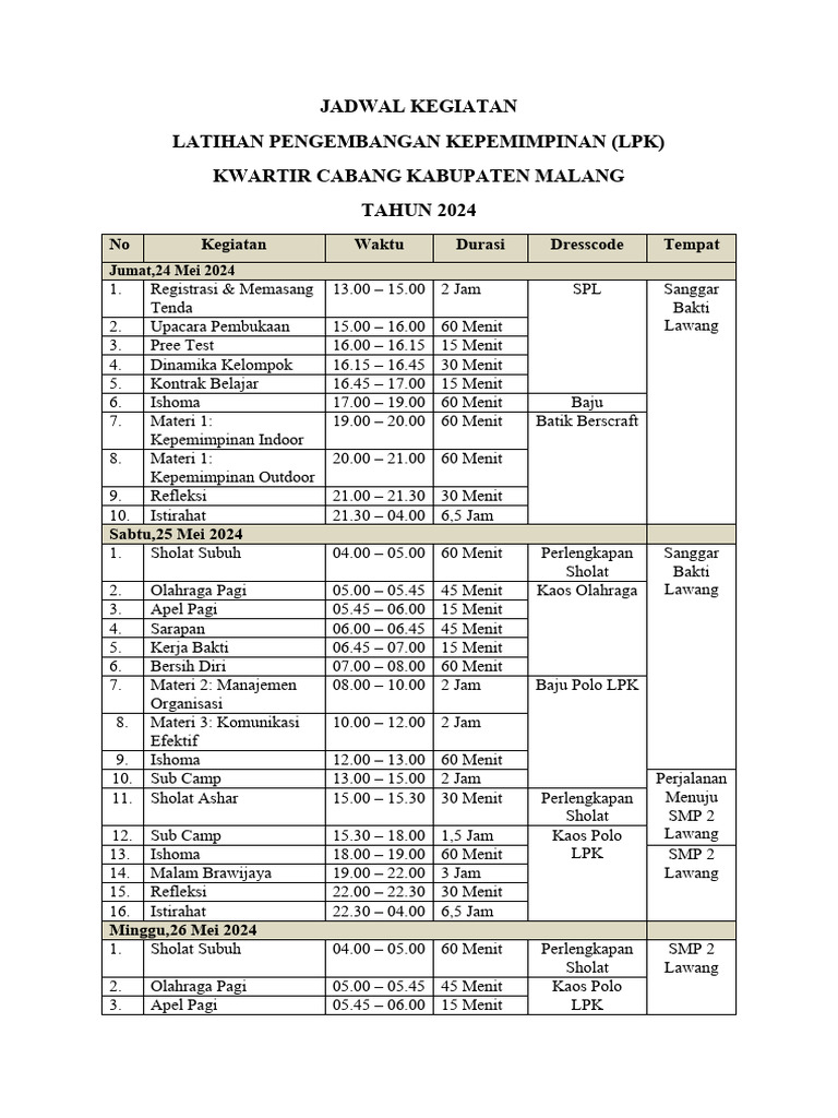 JADWAL KEGIATAN LPK 2024 (Peserta) | PDF