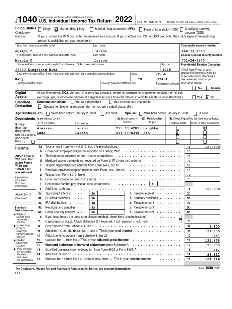 The Final 2022 Federal Tax Return Documents (Larson Joseph | PDF | Irs ...
