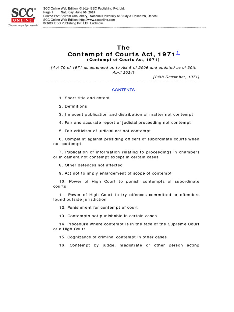 Contempt of Courts Act, 1971 Overview | PDF | Contempt Of Court ...