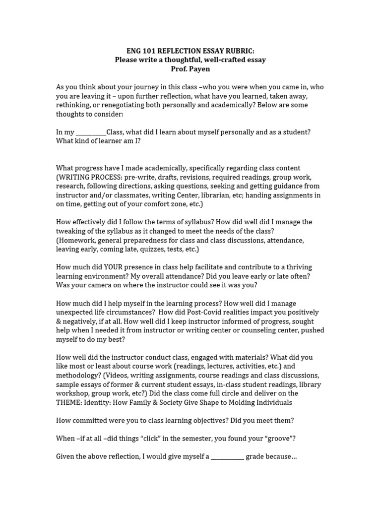Eng101 Reflection Essay Rubric | PDF