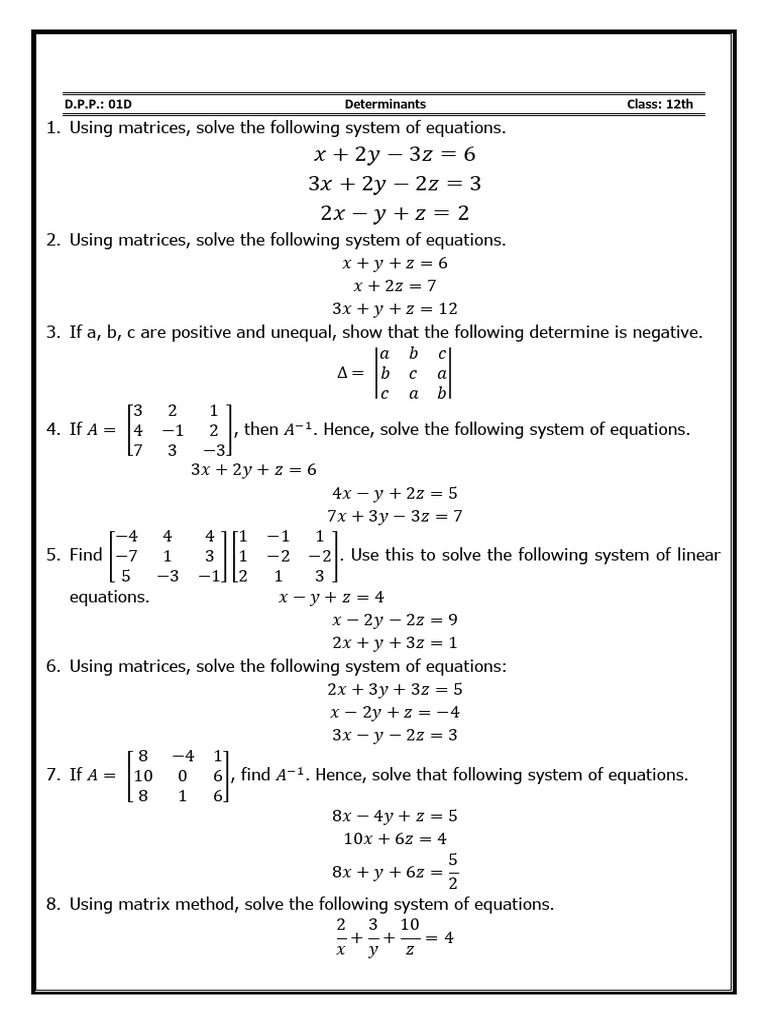 Class 12 (Maths Holiday Homework) | Download Free PDF | Matrix ...