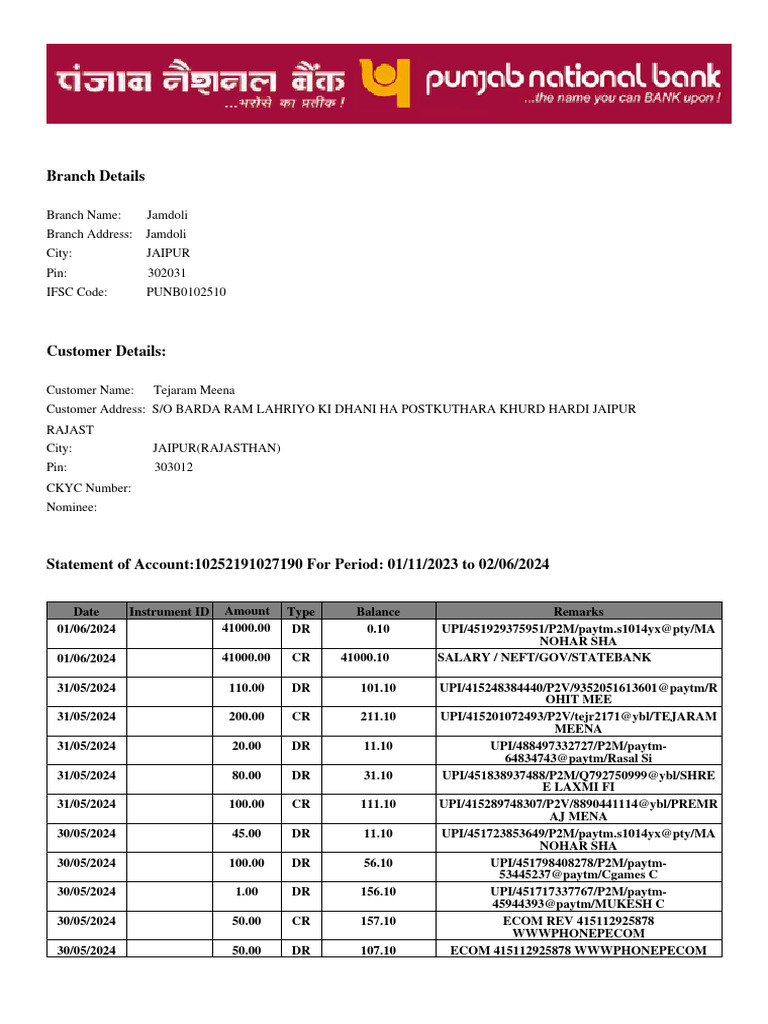 PNB Account Statement Summary | PDF | Financial Services | Banking