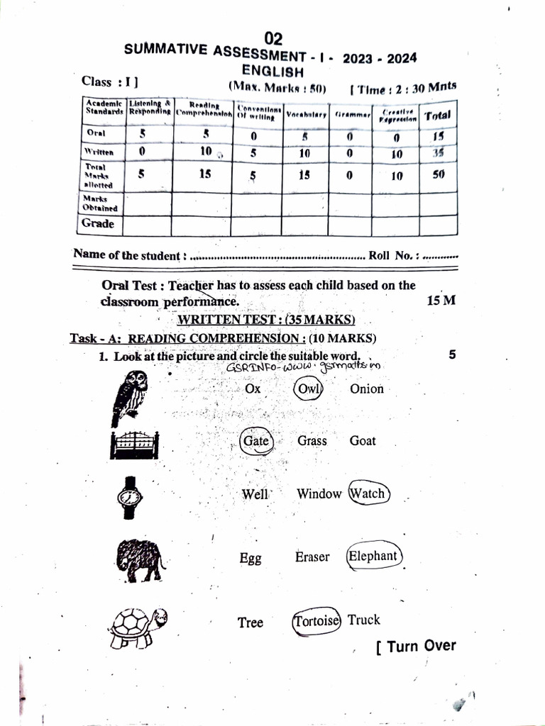1st Class Eng SA 1 Key Paper | PDF | Cognition | Pedagogy