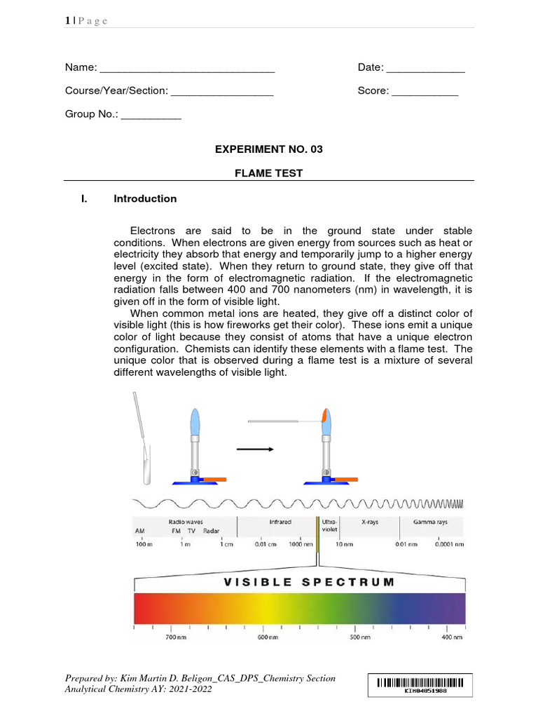 Experiment No. 03 Flame Test | PDF | Color | Light