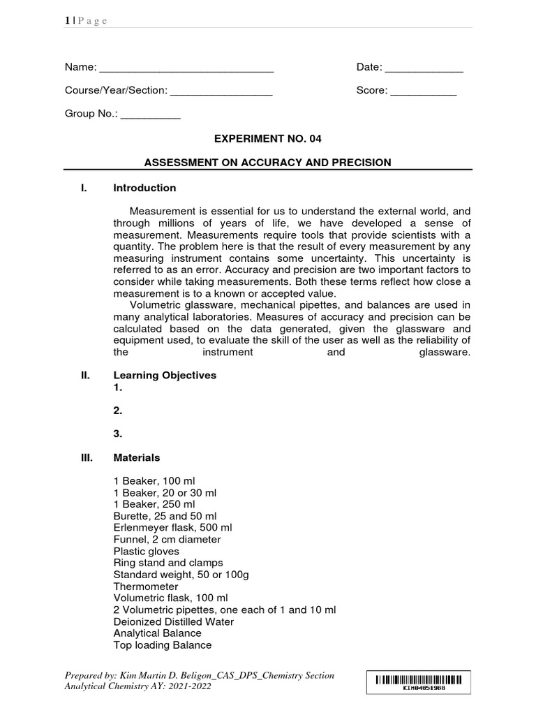 Experiment No. 04 Accuracy and Precision | PDF | Metrology