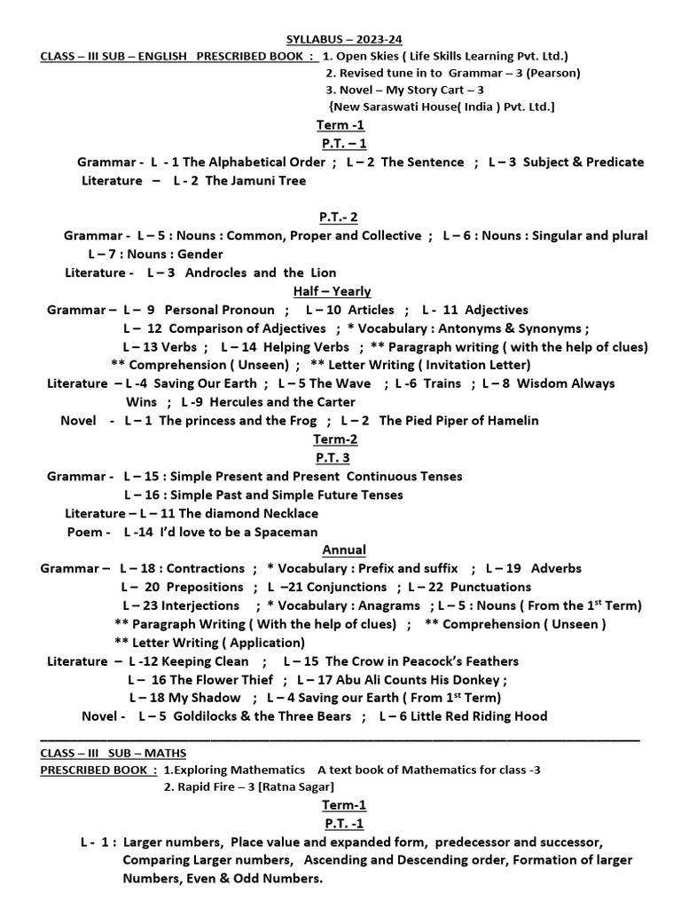 Syllabus Class 3 | PDF | Verb | Noun