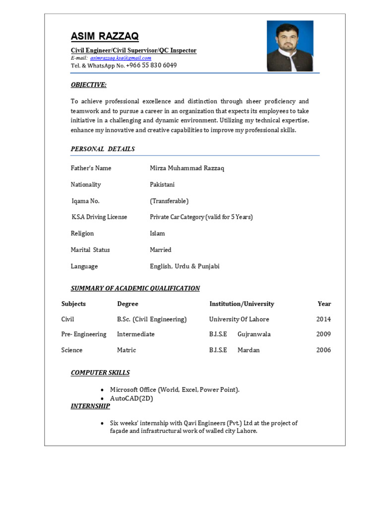 Asim CV Site Engineer QC Inspector | PDF | Deep Foundation | Concrete