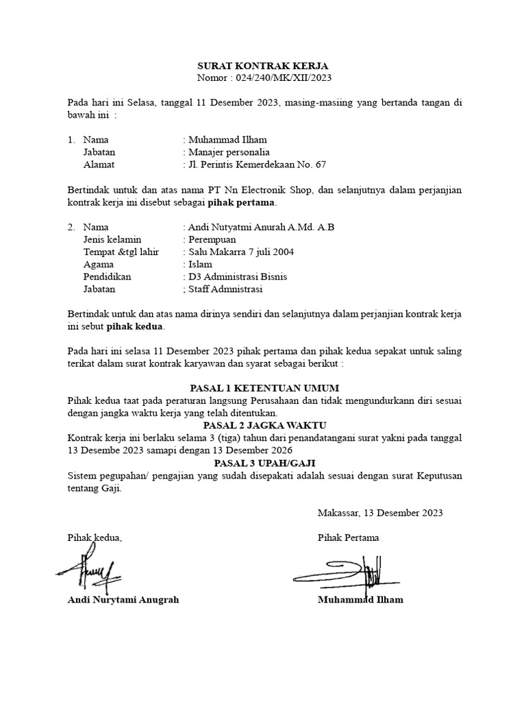 Contoh Surat TTD Kontrak Kerja | PDF