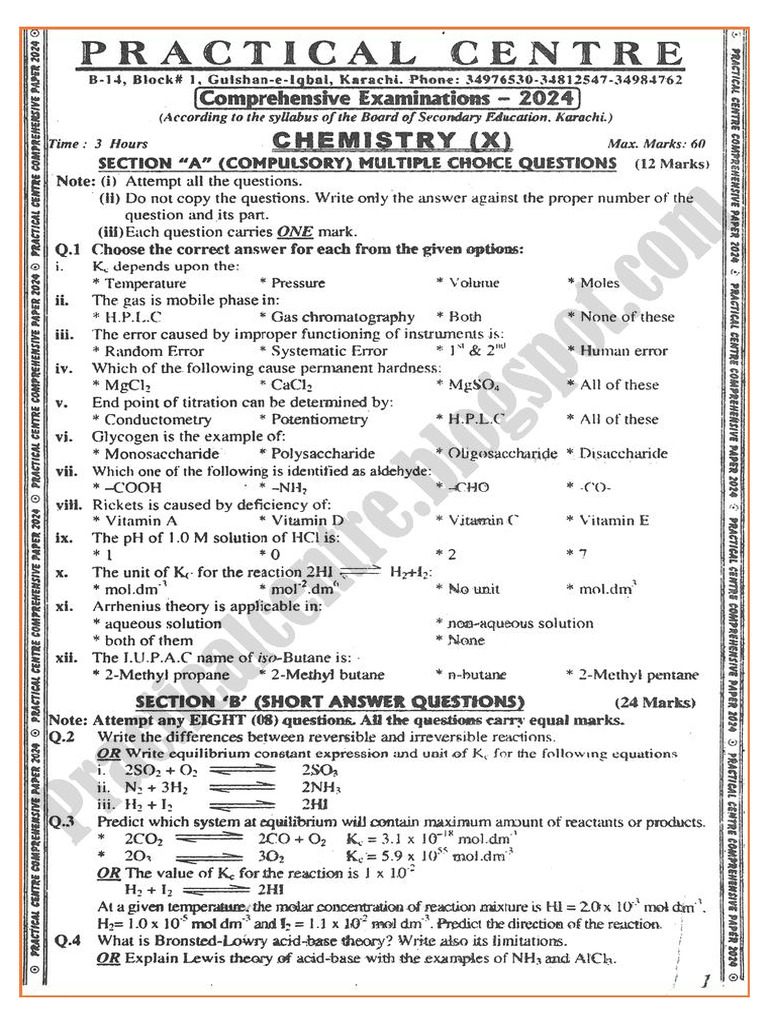Chemistry Class 10th Practical Centre Guess Papers 2024 1 | PDF