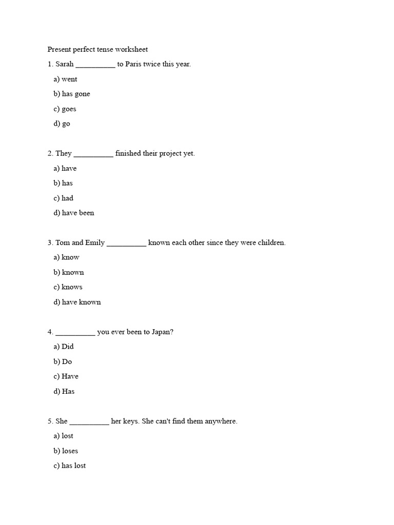 Present Perfect Tense Worksheet Pdf