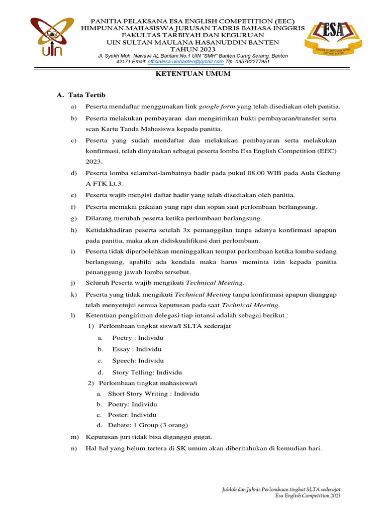 S&K Umum Dan Juklak Juknis Perlombaan Tingkat SLTA Sederajat EEC 2023 | PDF