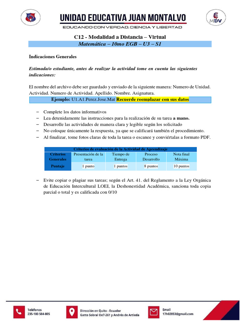 Actividad de Aprendizaje Matemática 10mo - U3 S1 (2) (1) | PDF | Ecuaciones | Matemáticas
