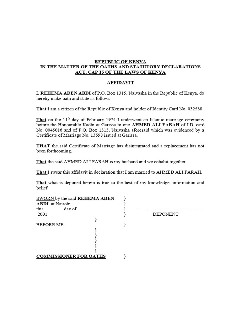 Affidavit in Declaration of Marriage - Dot | PDF