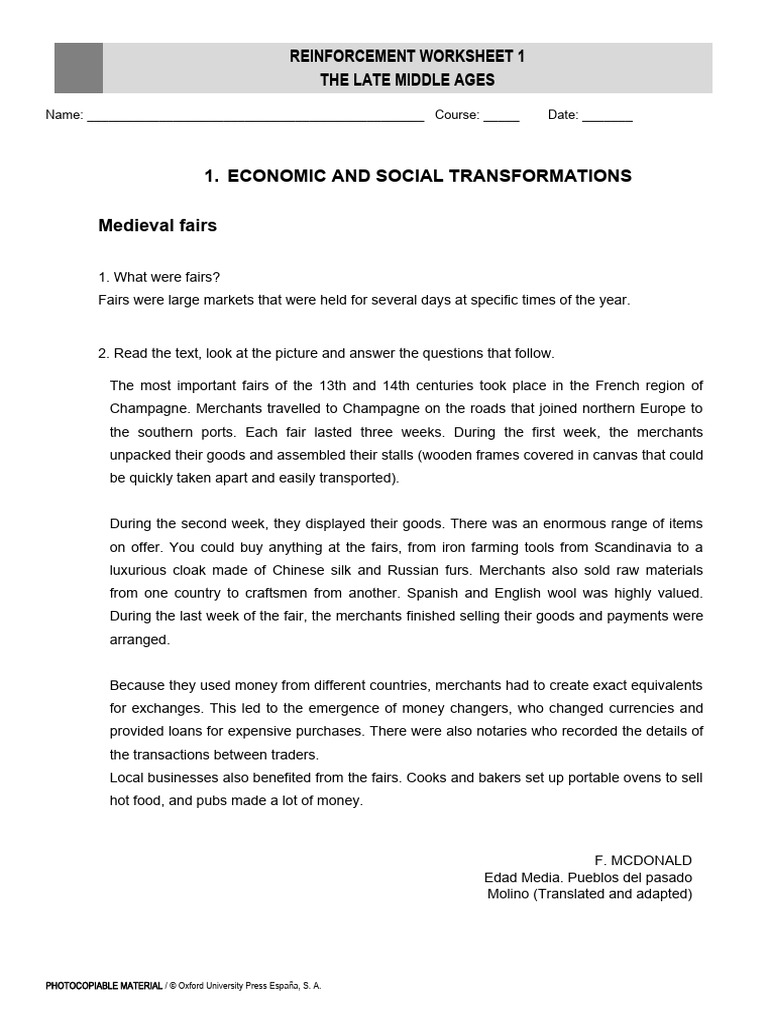 Late Mid Ages Reinforcement Worksheet 1 | PDF | Money | Economies