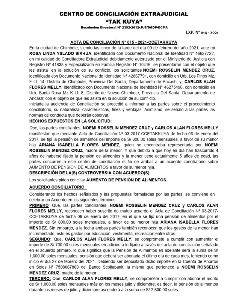 EXP. 14 aCTA 15 - AUMENTO DE ALIMENTOS - ACUERDO | PDF | Pensión alimenticia | Pensión