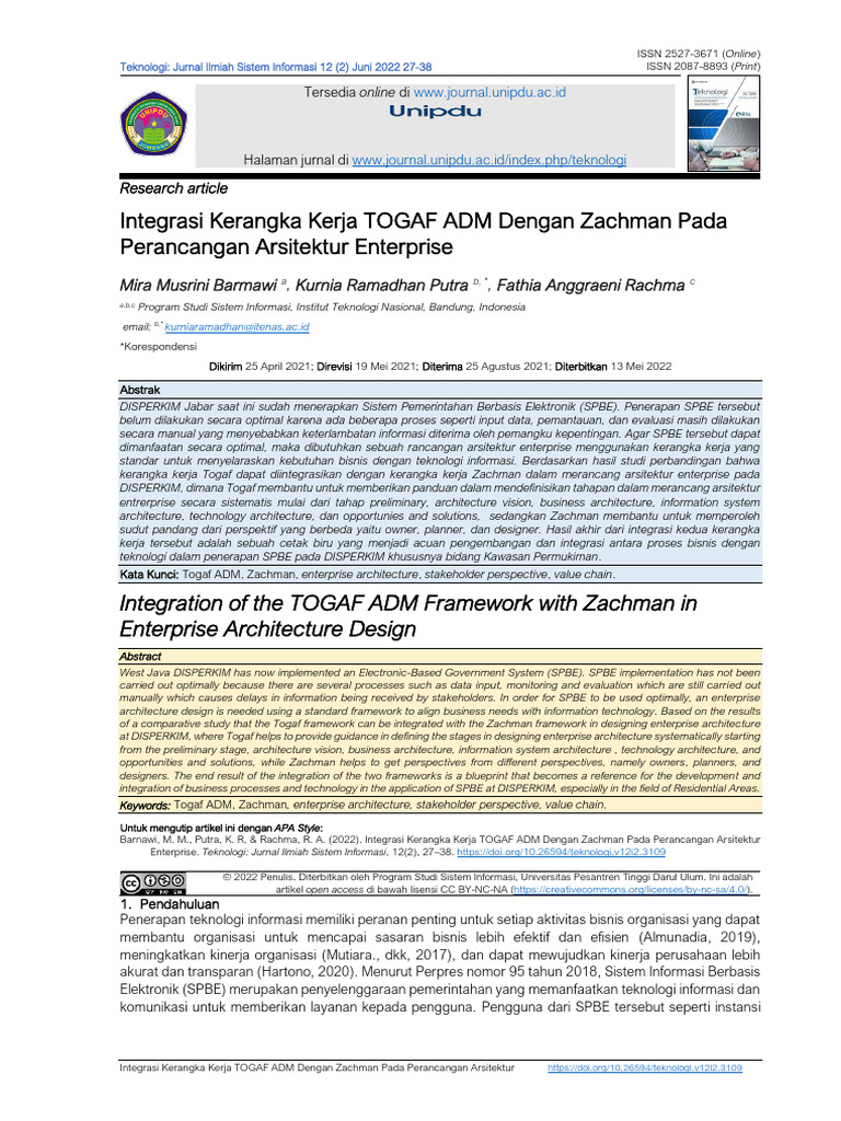 Kurniarp Integrasi Kerangka Kerja Togaf Adm Dengan Zachman Pada Perancangan Arsitektur