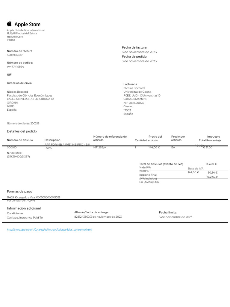 Apple Store Factura | PDF | Documentos empresariales