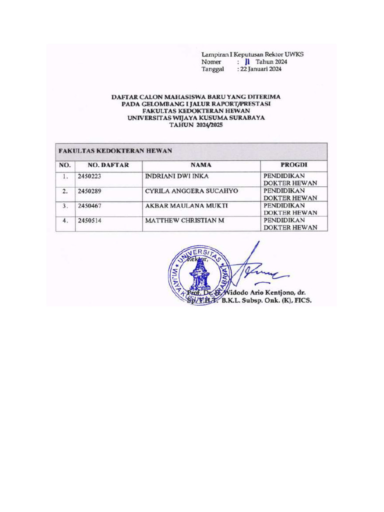 Pengumuman FKH Jalur Prestasi Raport | PDF