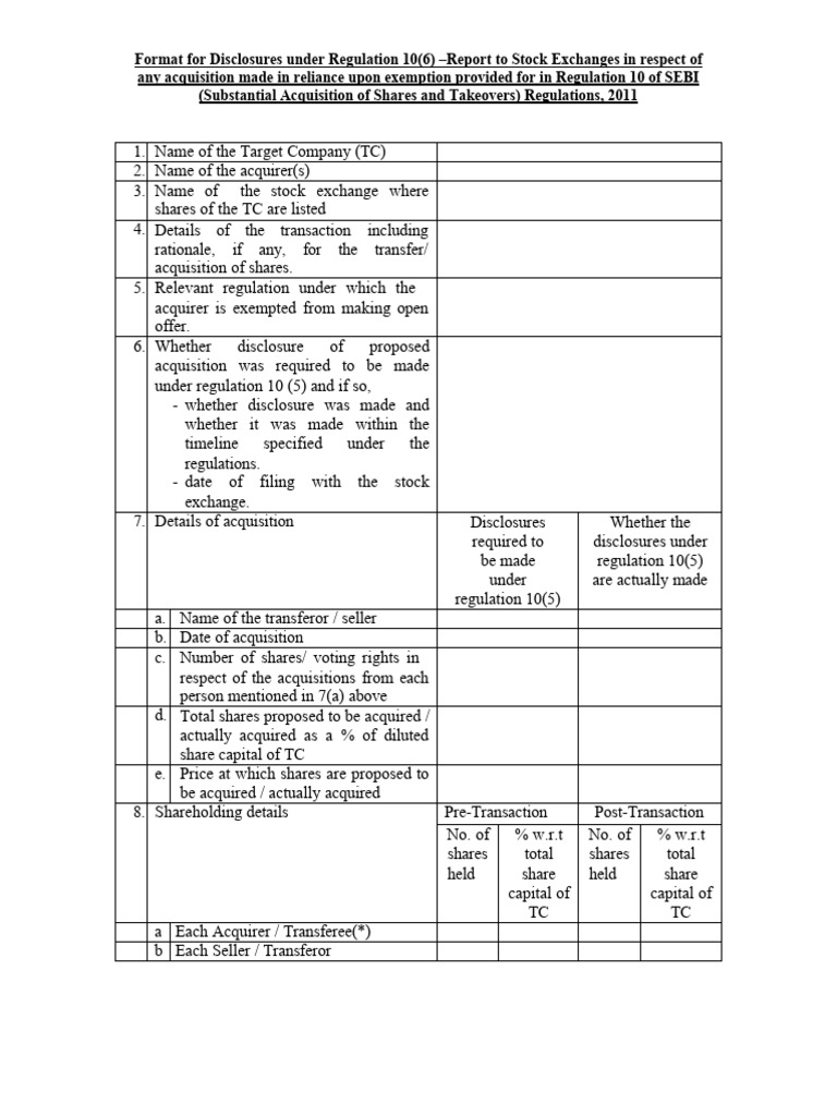 Format - Disclosure Under Regulation 10 | PDF | Mergers And ...