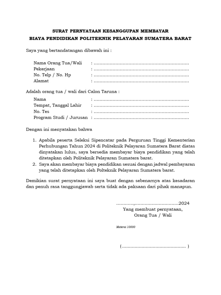 SURAT PERNYATAAN KESANGGUPAN MEMBAYAR BIAYA PENDIDIKAN 2024 | PDF